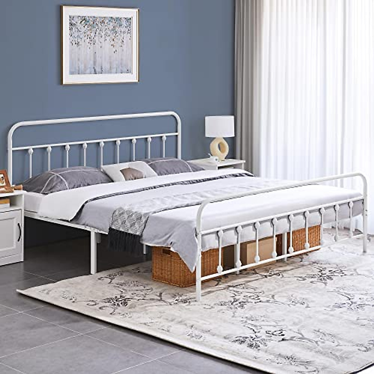 Topeakmart California King Size Victorian Style Metal Bed Frame with Headboard/Mattress Foundation/No Box Spring Needed/Under Bed Storage/Strong Slat Support White