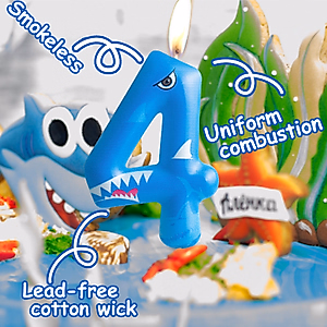 4th Birthday Candle Shark Number 4 Candle Shark Cake Decoration Birthday Party Supplies Blue Shark Ocean Animals Themed Cake Topper Decorations for Kids Boy Girl Party Decor Supplies