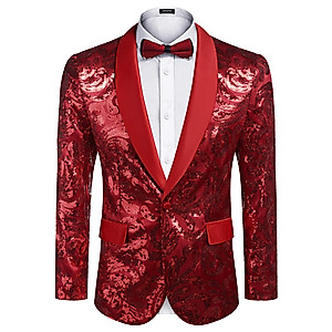 COOFANDY Red Sequin Blazer Men Shiny Christmas Floral Tux Dinner Jackets Stage Blazers Christmas Prom Party Red, S