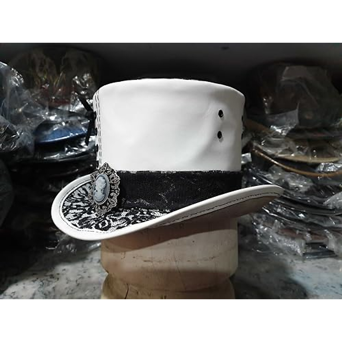 Steampunk Black Crusty Band White Leather Top Hat (Leather, XX-Large)