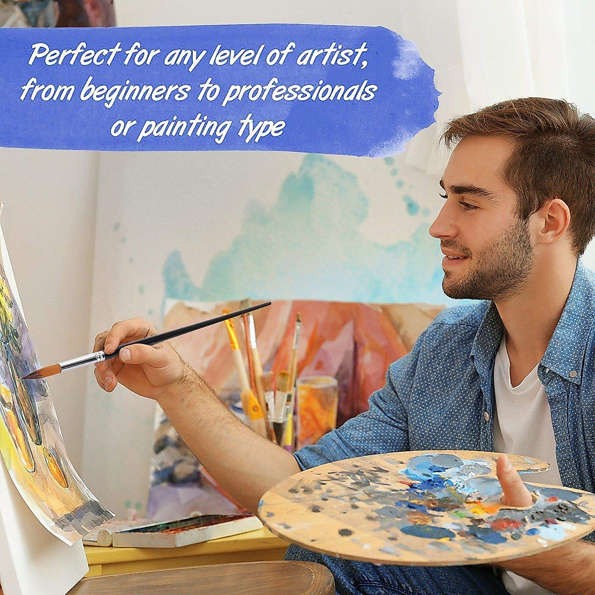 Artist Watercolor Paint Brushes Professional Set, 9pcs Round Point Tip Nylon Hair Long Handle Watercolor Brushes, Detail Paint Brushes for Watercolor, Acrylic, Oil