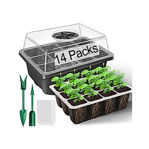 14 Packs Seed Starter Tray, 168 Cells Total Tray, Seed Starting Kit with Adjustable Humidity Dome and Base Plant Starter Kit Mini Greenhouse Germination Kit with 2 Garden Tools and 20 Plant Labels