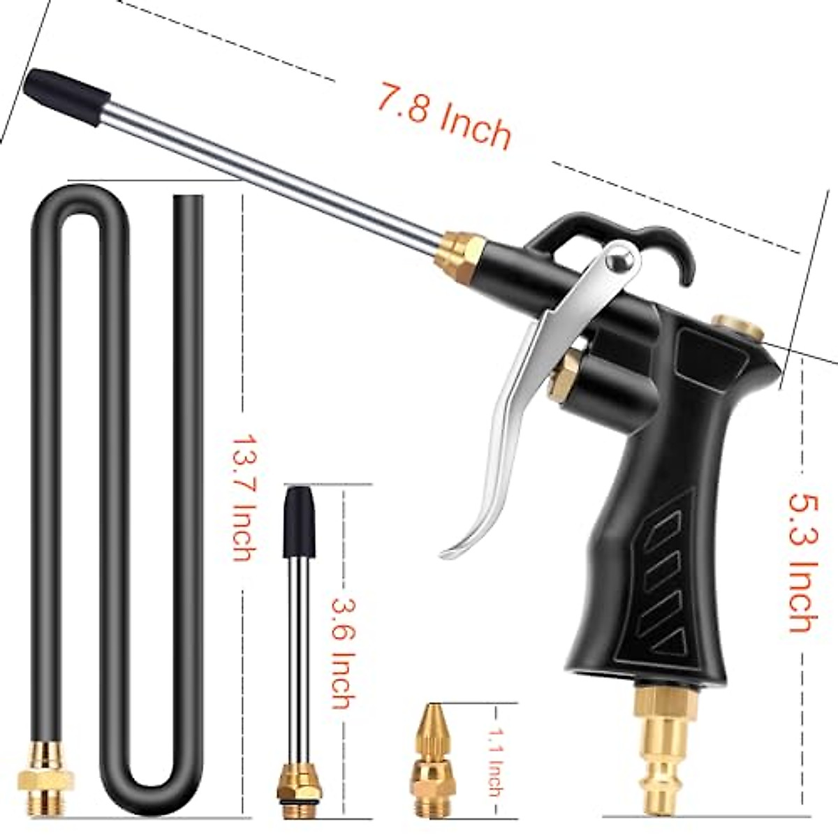 Industrial Air Blow Gun with Brass Adjustable Air Nozzle, Pneumatic Air Blower Gun with 2 pcs Steel Air Flow Extensions and Universal Blow Hose, Air Compressor Accessory Tool Dedusting Air Gun