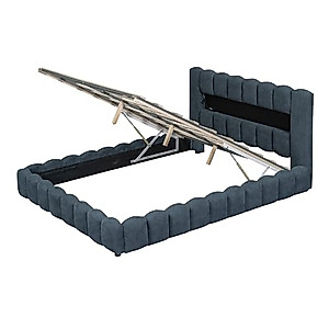 HAUSHECK Upholstered Bed Frame Queen Size with Large Underneath Storage, LED Headboard and USB Ports, Queen Floor Bed Frame w/Wooden Slats Support, Modern Platform Bed No Box Spring Needed