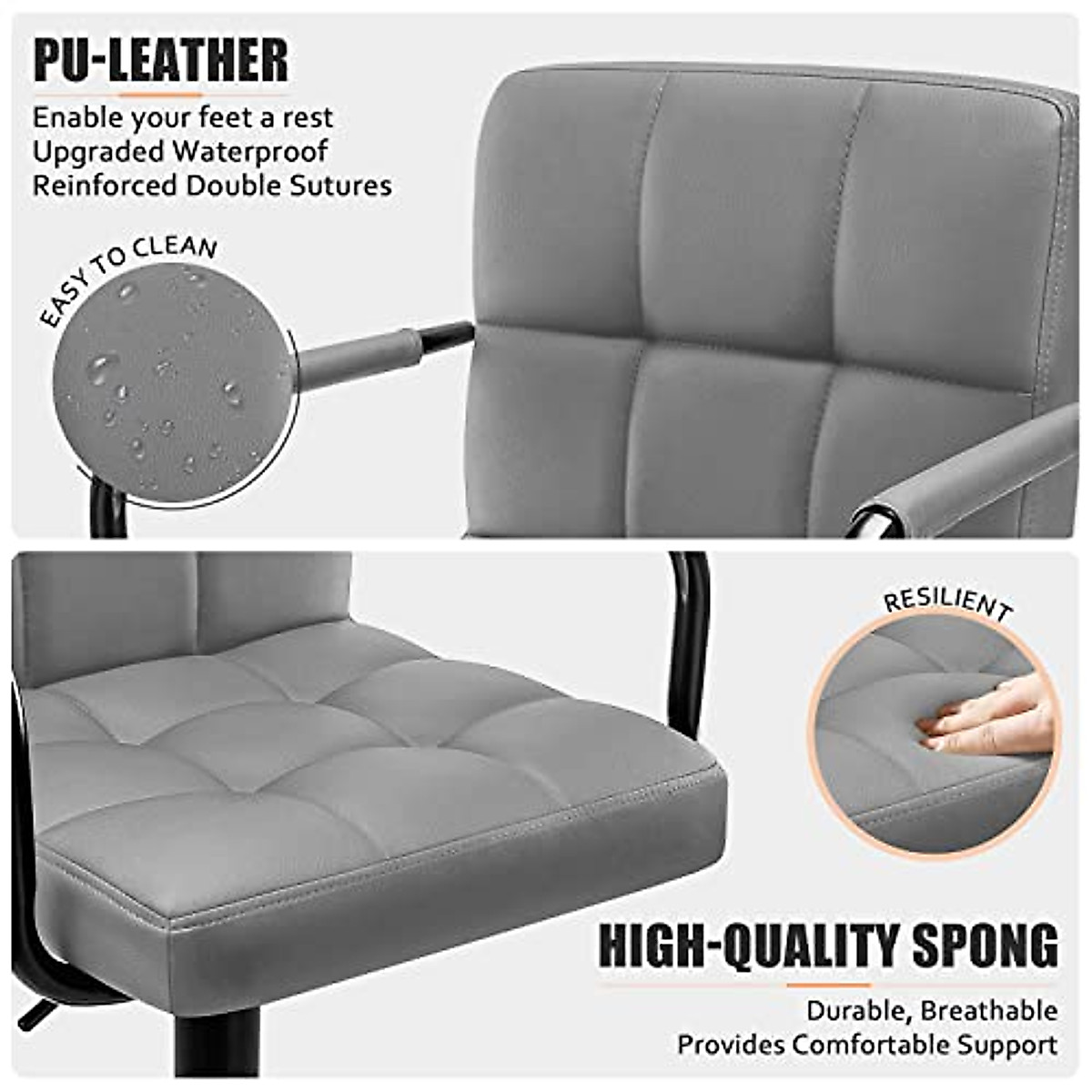 Huracan Adjustable Barstool with Armrest Swivel Bar Stools Set of 2 Counter Height Modern Bar Stool with Back Pu Leather Square Kitchen Island Barstools - Light Grey Base,2pcs