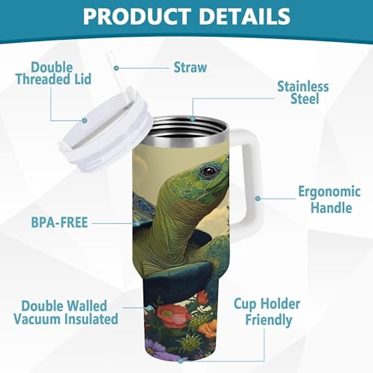 Slewiaeky Tumbler with Handle 40 oz Retro Tortoise Turtle Travel Mug with Lid and Straw Ocean Stainless Steel Vacuum Insulated Water Bottle Cup for Iced Tea Coffee Cold Beverages Cup Holder Friendly
