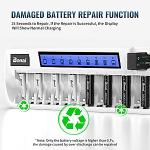 Bonai 16+2 Bay AA AAA 9V Battery Charger for NiMH NiCD Rechargeable Batteries Independent Control with Smart LCD Display and AC Wall Adapter, Battery not Included - White