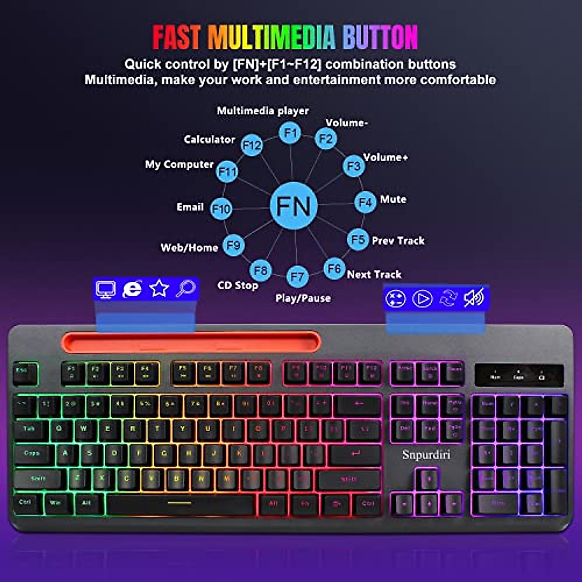 Snpurdiri Wireless Gaming Keyboard and Mouse Combo, True RGB Rechargeable Full Size Anti-ghosting Keyboard with Tablet/Phone Bracket, RGB Mouse,Long Battery Life for Gaming, Office