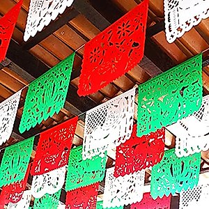 Mexican Independence Day Party Banners Tri-color (Red, green and white), Papel Picado for Fiestas Patrias 83 feet total, Pre assembled on string for easy hanging