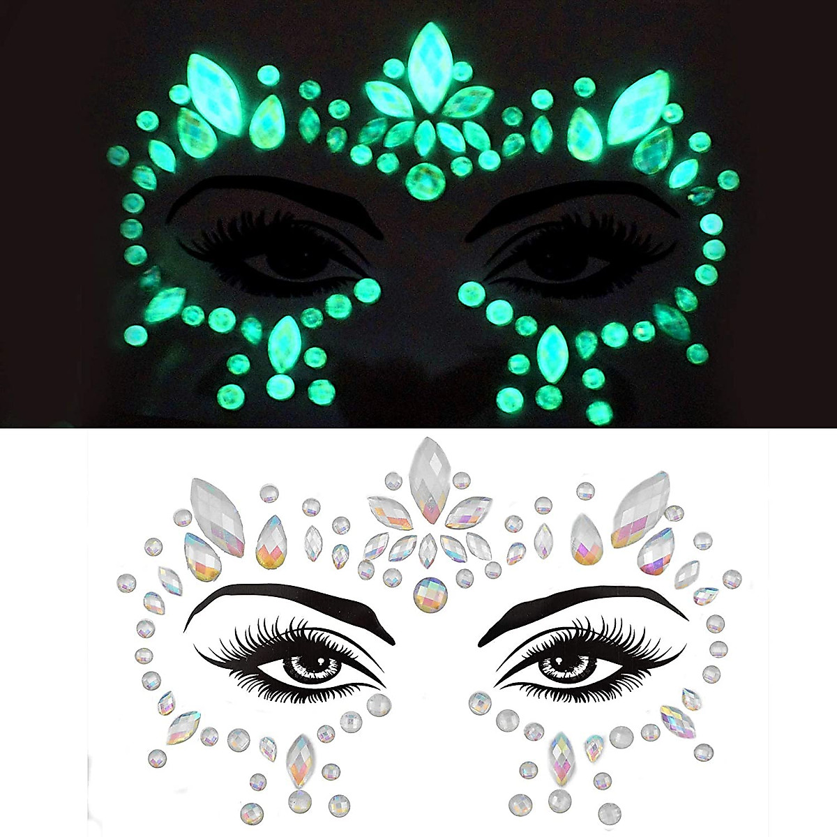 2 Pack Halloween Glow in the Dark Face Jewels Crystal Glitter Stickers, Luminous Tattoo Face Day Of The Dead Face Gems Jewels Tattoos