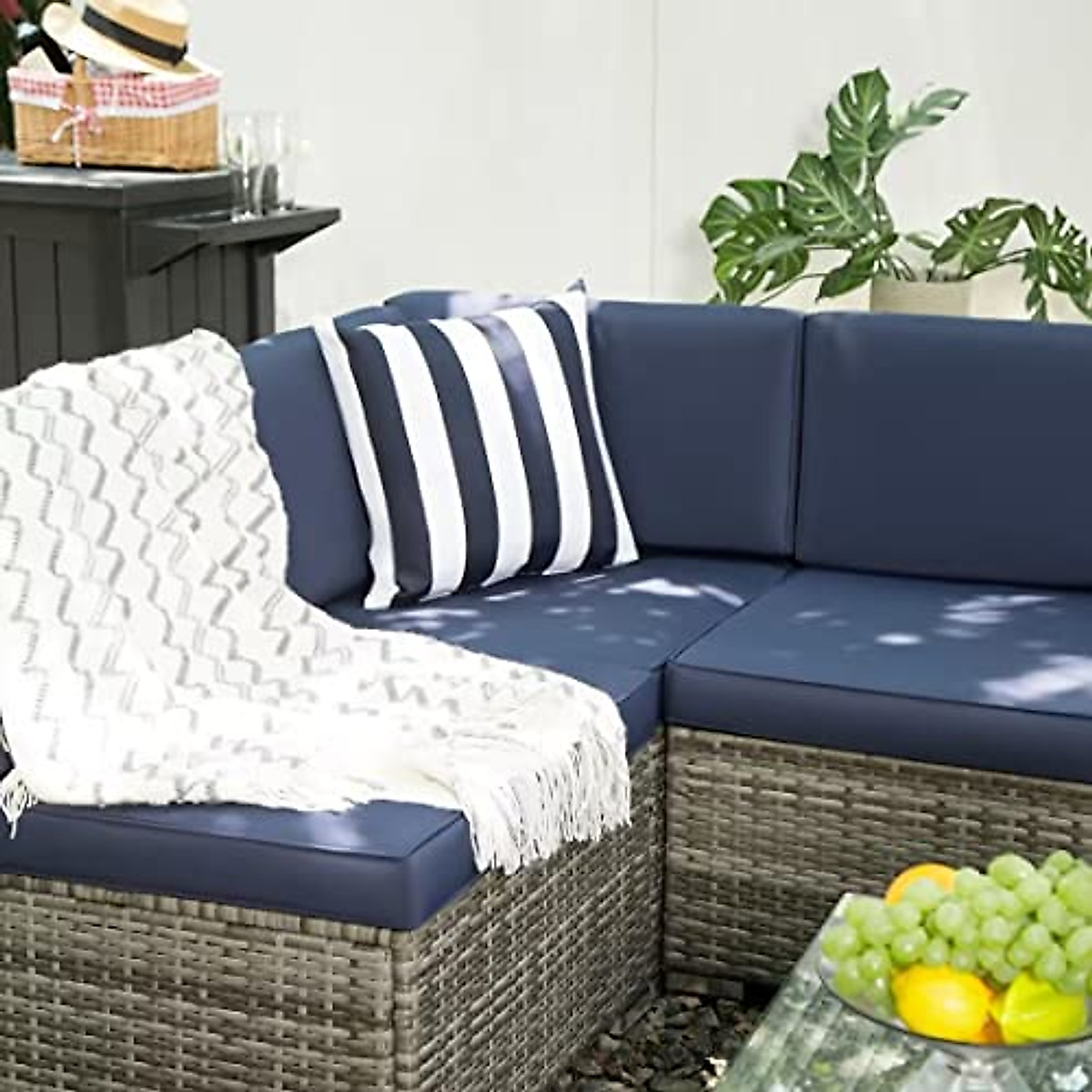 Devoko 7 Pieces Wicker Patio Furniture Set Rattan Outdoor Furniture Sectional Sofa Backyard Furniture Outdoor Couch with Updated Metal Feet (Blue)