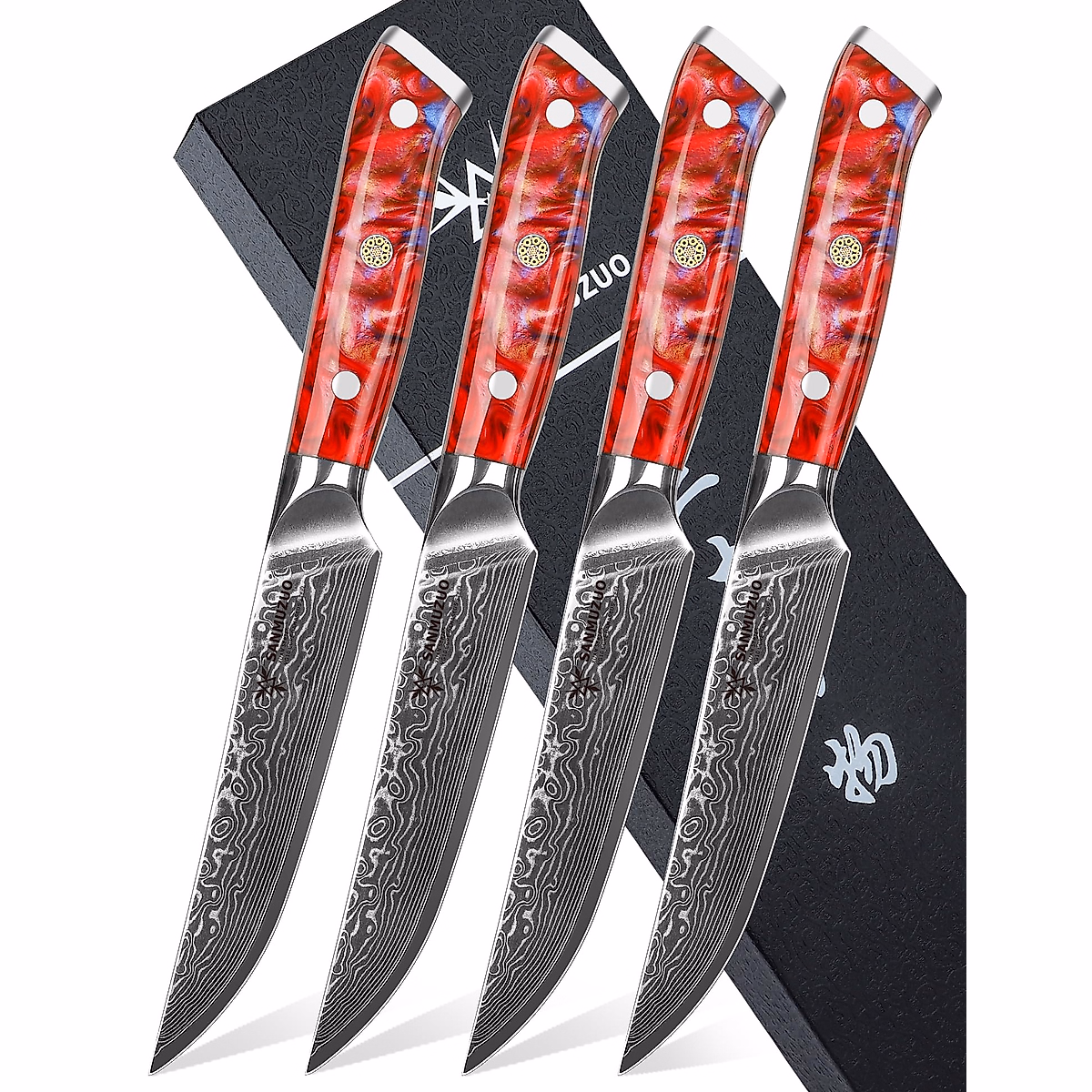 SANMUZUO Steak Knives Set of 4, Ultra Sharp Non Serrated Kitchen Steak Knife 5 Inch - Damascus Steel & Resin Handle - Xuan Series (Sunset Red)