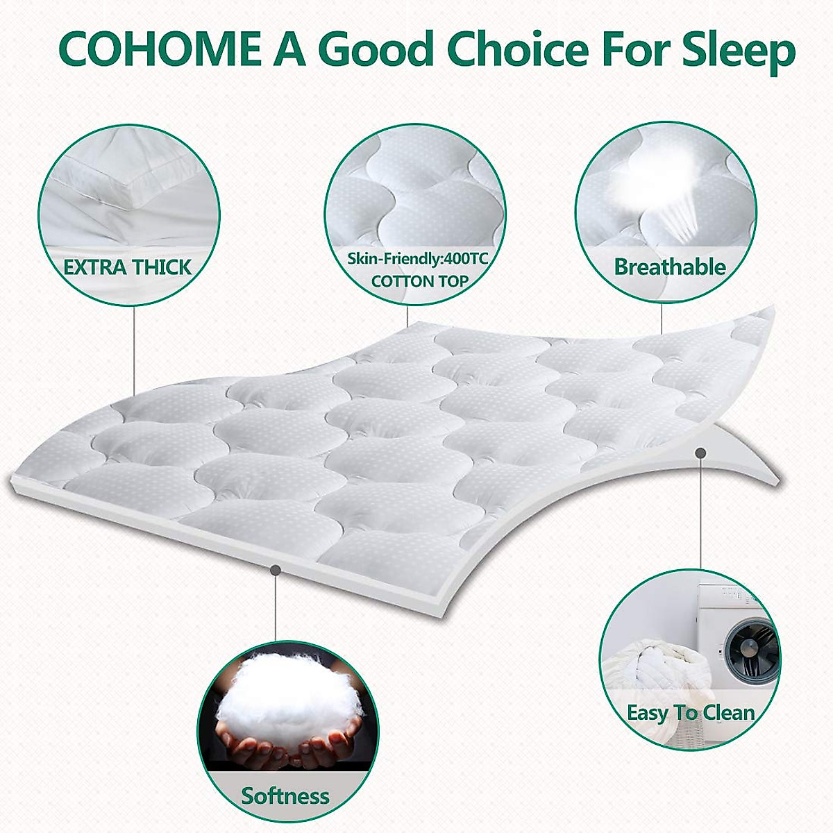 COHOME Mattress Topper King 1300 GSM Extra Thick Cooling Mattress Pad 400TC Cotton Top Plush Down Alternative Fill Pillow Top Mattress Cover with 8-21 Inch Deep Pocket (78x80 Inches, White-Luxury)