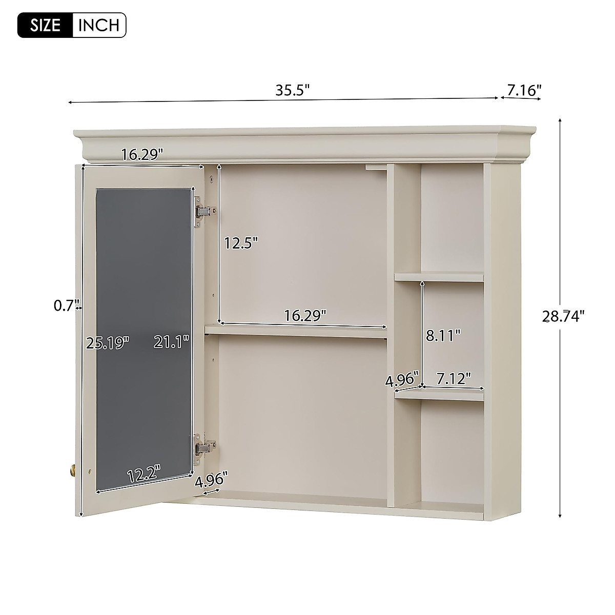 LUMISOL Wall Mounted Bathroom Storage Cabinet with Mirror Door, Modern Bathroom Wall Cabinet with 6 Open Storage Shelves, Wooden Medicine Cabinet for Bathroom, Living Room, Beige
