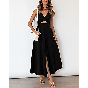 BTFBM Women 2023 Summer Spaghetti Strap Dress Sleeveless V Neck Cutout Slit Casual Beach Party Maxi Dresses with Pockets(Solid Black, X-Large)
