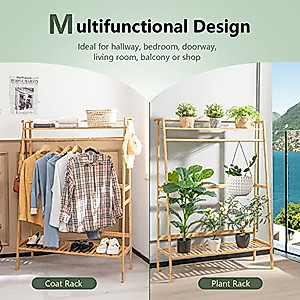 GOFLAME Bamboo Garment Rack, Heavy Duty Clothes Rack w/Top Shelf, Hanging Rod, Shoe Storage Shelf, Side Hooks, Freestanding Coat Rack, Clothing Storage Organizer for Bedroom Living Room