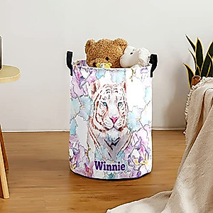 White Tiger Floral Personalized Waterproof Foldable Laundry Basket Bag with Handle, Custom Collapsible Clothes Hamper Storage Bin for Toys Laundry Dorm Travel Bathroom