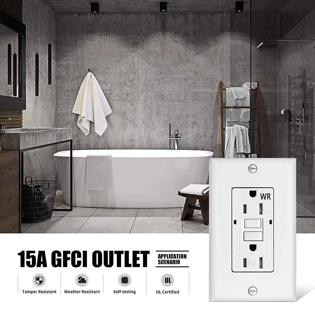 GFCI Outlet Receptacle 15 amp-Weather Resistant Self Testing Tamper Resistant Duplex Ground Fault Circuit Interrupter Outlet UL Certified for Home/Commercial/Outdoor/Indoor