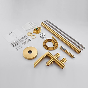 Qinkell Freestanding Thermostatic Bathtub Faucet Floor Mount Waterfall Tub Filler Brushed Gold Bathroom Taps with Handheld Shower