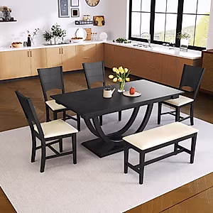 6 Piece Dining Table Set for 6 with Bench Wood Rectangular Kitchen Table Set, Gray