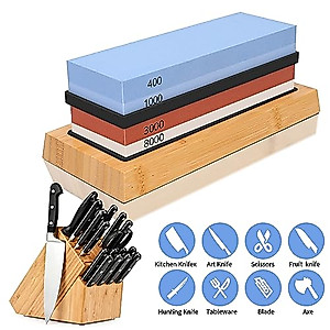 Whetstone Knife Sharpening Stone Kit, Professional Whetstone Knife Sharpener, Premium 4 Side Grit 400/1000 3000/8000 Waterstone, Sharpening Stone Set with Flattening Stone, Angle Guide, Leather Strop
