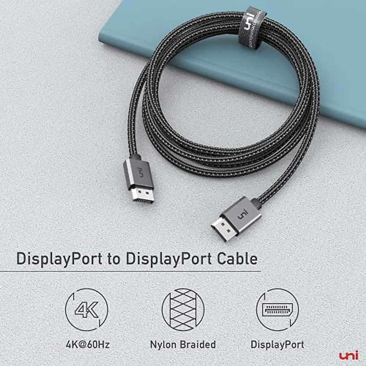 uni [VESA Certified] 4K Displayport Cable 10 FT, 21.6Gbps High Speed Nylon Braided DP 1.2 Cable, [4K@60Hz, 2K@165Hz/144Hz] Gaming Monitor Cable FreeSync/G-Sync, for PCs, Graphics Cards - Grey