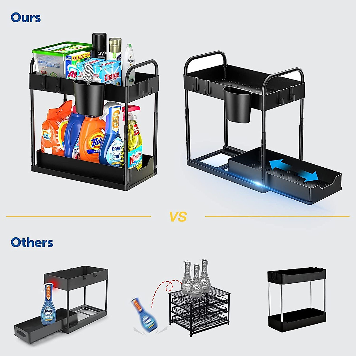WIOSKE Space-Saving Under-Sink Organizer, Foldable, Plastic Material, Black Color, 4 Side Hooks, Small Hanging Storage Box, Maximizes Vertical Space, Easy Assembly, Sliding Drawer