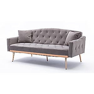 NOSGA Velvet Sofa, Convertible Loveseat Accent Sofa with Two Pillows, Modern Sleeper Sofa Couch Rose Gold Metal Feet for Living Room, Bedroom (Grey)