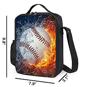Insulated Lunch Box for Girls Boys, Leakproof Portable Lunch Bags with Adjustable Shoulder Strap and Side Pocket, Durable Reusable Cooler Tote Bag for Beach/Picnic/Office/Collega (Fire Baseball)