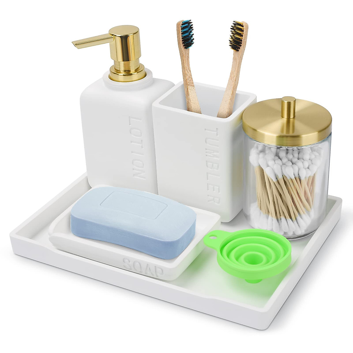 JDHEXY Bathroom Accessory Set,5 pcs Bathroom Set Complete,Lotion Soap Dispenser,Toothbrush Holders,Glass Qtip Holder Gold Lid,Soap Dish,Vanity Tray for Decor Countertop,Resin Kitchen Organizer White