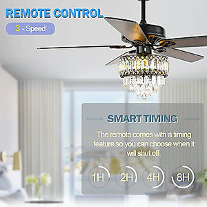 FebFurniture 52" Crystal Ceiling Fan Fandelier with Lights and Remote Control Modern Chandelier Ceiling Fan with Reversible Blades, Silent Motor, 3 Speed, 4 Timing Options, Chrome