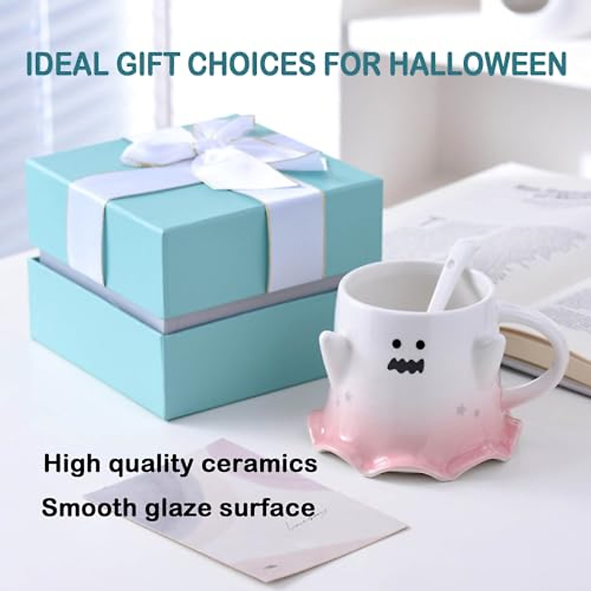 Mycheny Funny Halloween Pink Ghost Shape Ceramic Coffee Cup (14 oz), Cute Cartoon Little Elf Cup