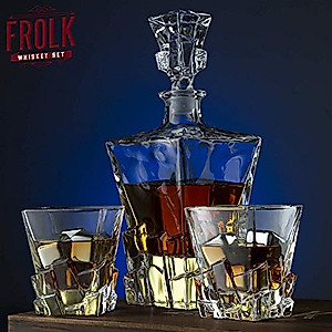 Whiskey Decanter and Stones Gift Set for Men - Whiskey Decanter, 2 Rocks Whiskey Glasses, 8 Stainless Steel Whisky Cubes, 2 Slate Coasters, Special Tongs & Freezer Pouch in Pinewood Gift Box