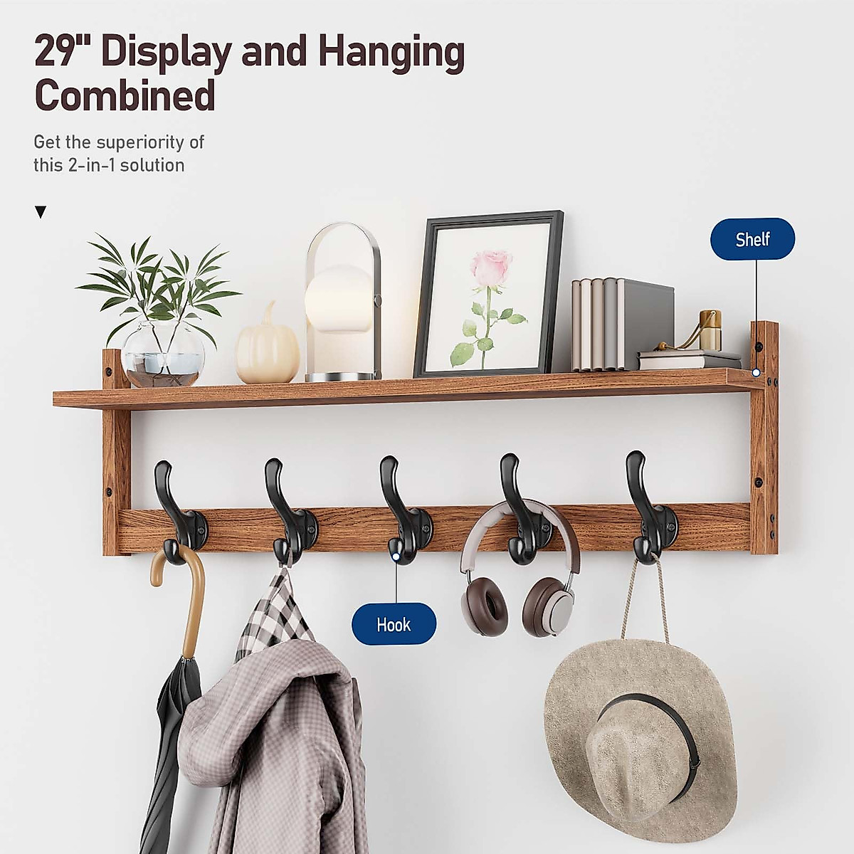 Tatub 29'' Coat Rack Wall Mount with Shelf, Wood Wall Hooks with Storage, Entryway Shelf with 5 Hangers for Bathroom, Living Room, Bedroom, Rustic Brown