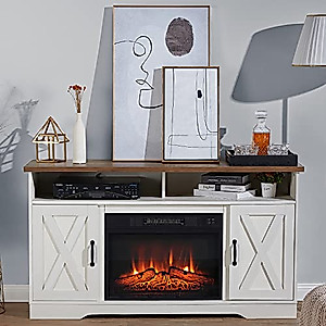 AMERLIFE Fireplace TV Stand 54'' Farmhouse Barn Door Entertainment Center for TVs up to 60'' Mordern Media Console Table with 2 Open Shelves and Cabinets, Rustic Oak & White, 30'' H/with Fireplace