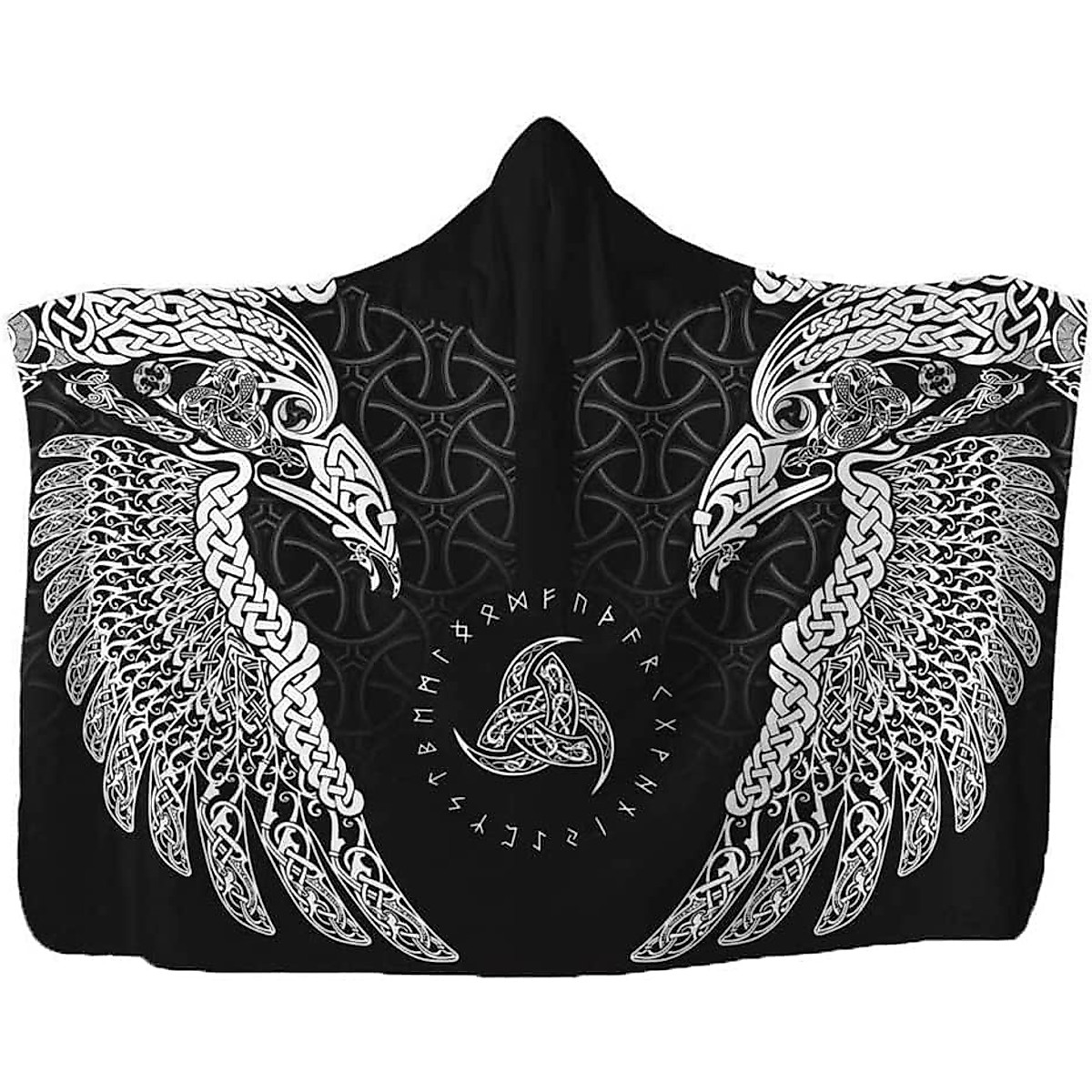 BURNAR Viking 3D Printed Hooded Blanket Warm Soft Viking Raven Celtic Runes Unisex Winter Wearable Hooded Blanket Double Thick Plush Fleece Blanket Cape (Color : Blanket, Size : 50x60in/130x150cm)
