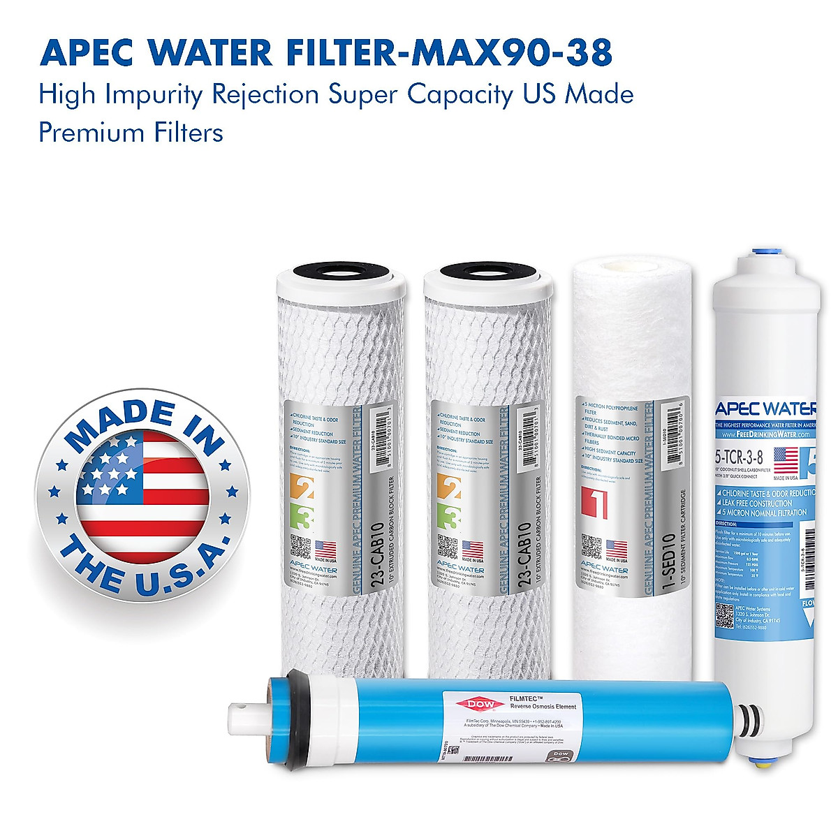 APEC Water Systems FILTER-MAX90-38 US Made 90 GPD Complete Replacement Set for Ultimate Series Reverse Osmosis Water Filter System with 3/8" D Tubing Quick Dispense, White