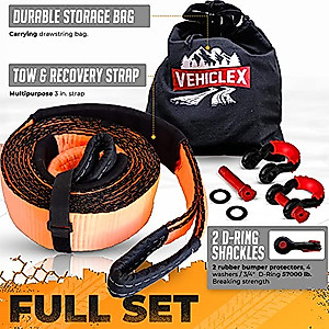 Vehiclex Off-Road Tow Recovery Kit 3" x 30' - 35000 lbs - Off Road Snatch Strap, High Visibility Industrial Grade Webbing, Protective Sleeves - 2 Heavy Duty D-Ring Shackles - Storage Bag