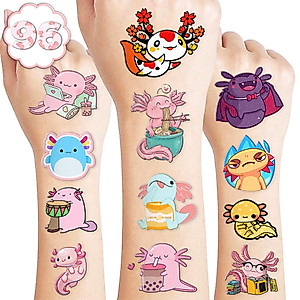 Axolotl Temporary Tattoos Stickers 96PCS Birthday Party Supplies Decorations Fake Tattoos Stickers Super Cute Party Favors for Kids Girls Boys Rewards Gifts Classroom School Prizes Themed
