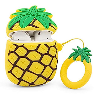 YONOCOSTA Cute Airpods Case, Airpods 2 Case, Pineapple Cool Funny 3D Fruit Shaped Full Protection Shockproof Soft Silicone Charging Case Cover Skin with Keychain for Airpods 1&2
