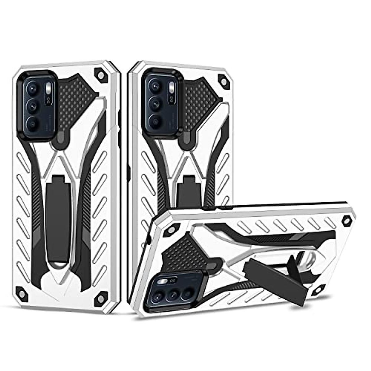 AHUOZ Compatible with Oppo Reno 6 Pro(5G),Military Grade Strong Two Layer PU+TPU Hybrid Full Body Case,Bracket Protective Dustproof Shockproof Cover (Color : Atmospheric Silver)