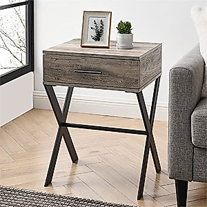 Walker Edison Metal Wood Small Side End Beside Table 1 Drawer X Leg Living Room Accent Table, 18 Inch, Grey Wash