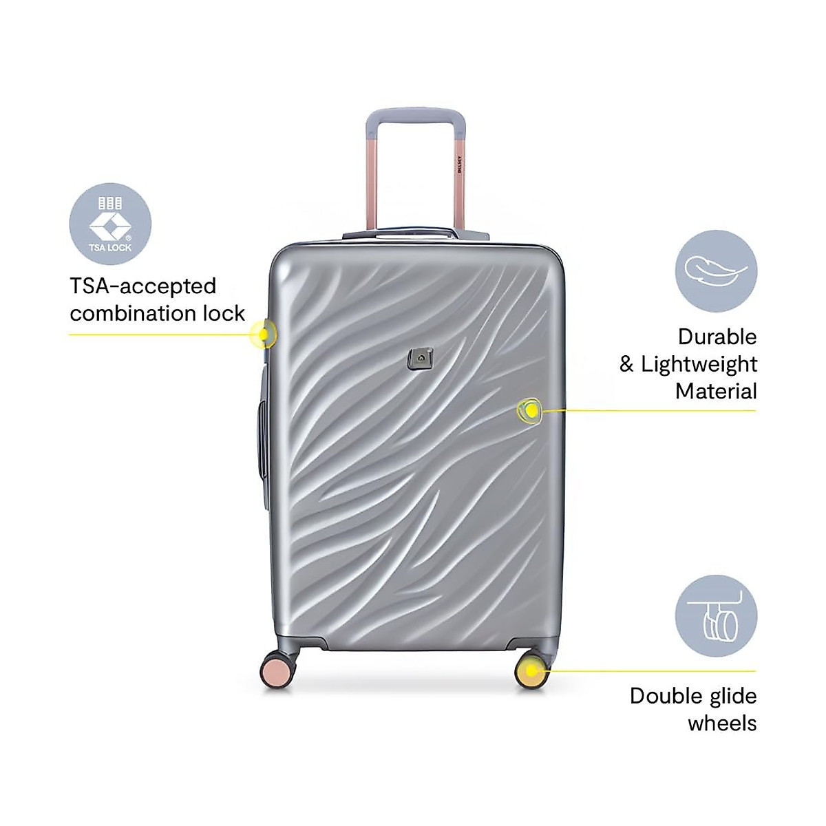 Delsey Paris Alexis Hardside 3-Piece Set, Expandable Luggage with 4 Spinner Wheels, Lightweight Suitcase, 21" Carry-On, 25" Checked Medium, 29" Checked Large, Silver/Rose Gold