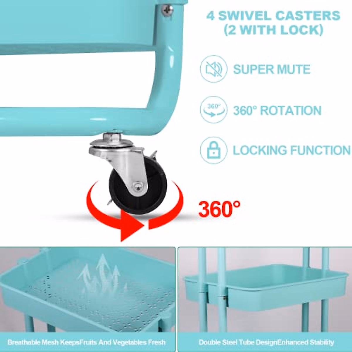 Baby Diaper Caddy Organizer Metal Rolling Storage Cart on Handle 3-Tier Rolling Mobile Utility Cart Movable Storage Organizer with Wheels Multifunction Newborn Essentials Cart Easy Assembly(Blue)