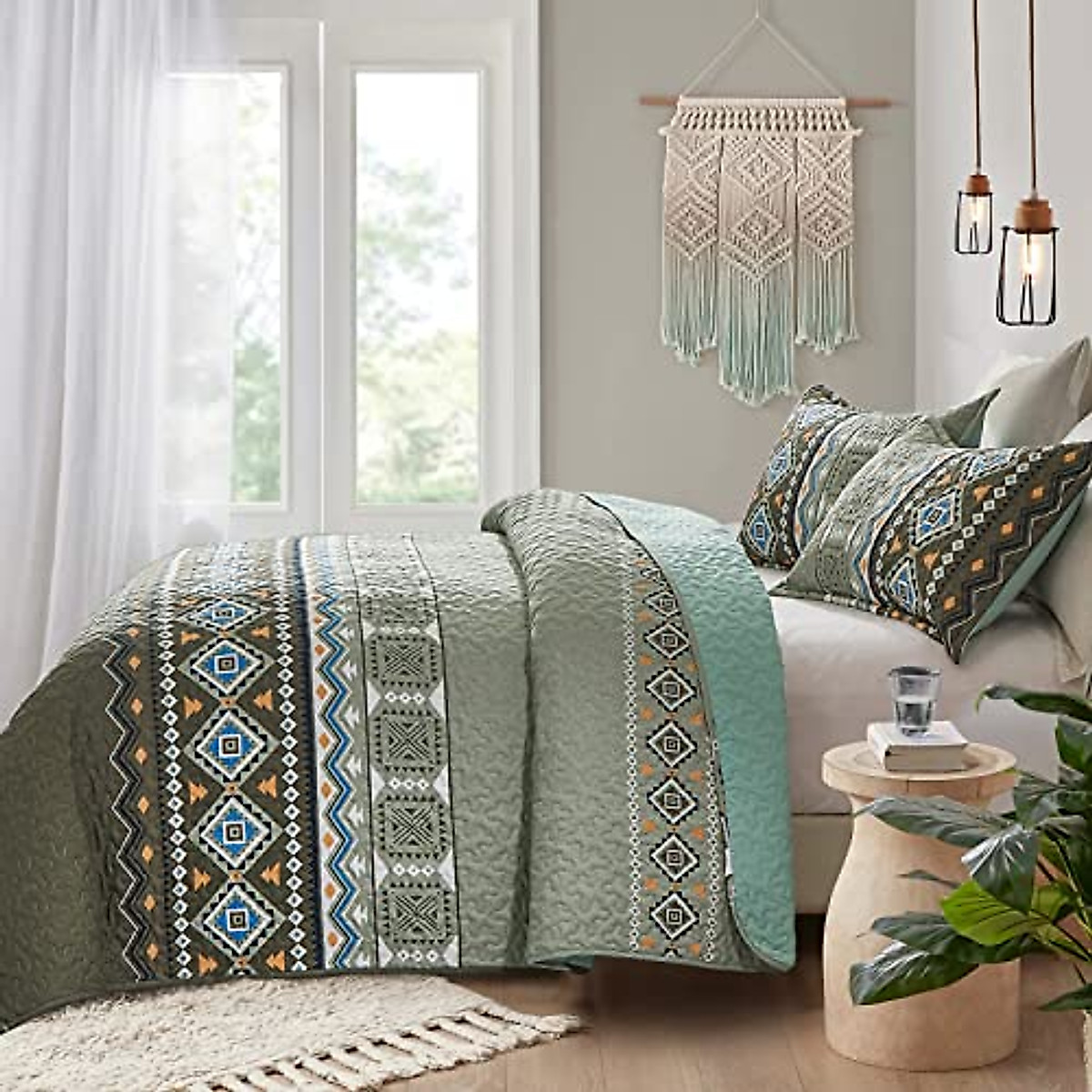 Boho Quilt Set King,3 Piece Olive Green Bedspread Coverlet Set with Geometry Printed for All Season, Lightweight Oversized Bohemian Bedding Set 104"×90"