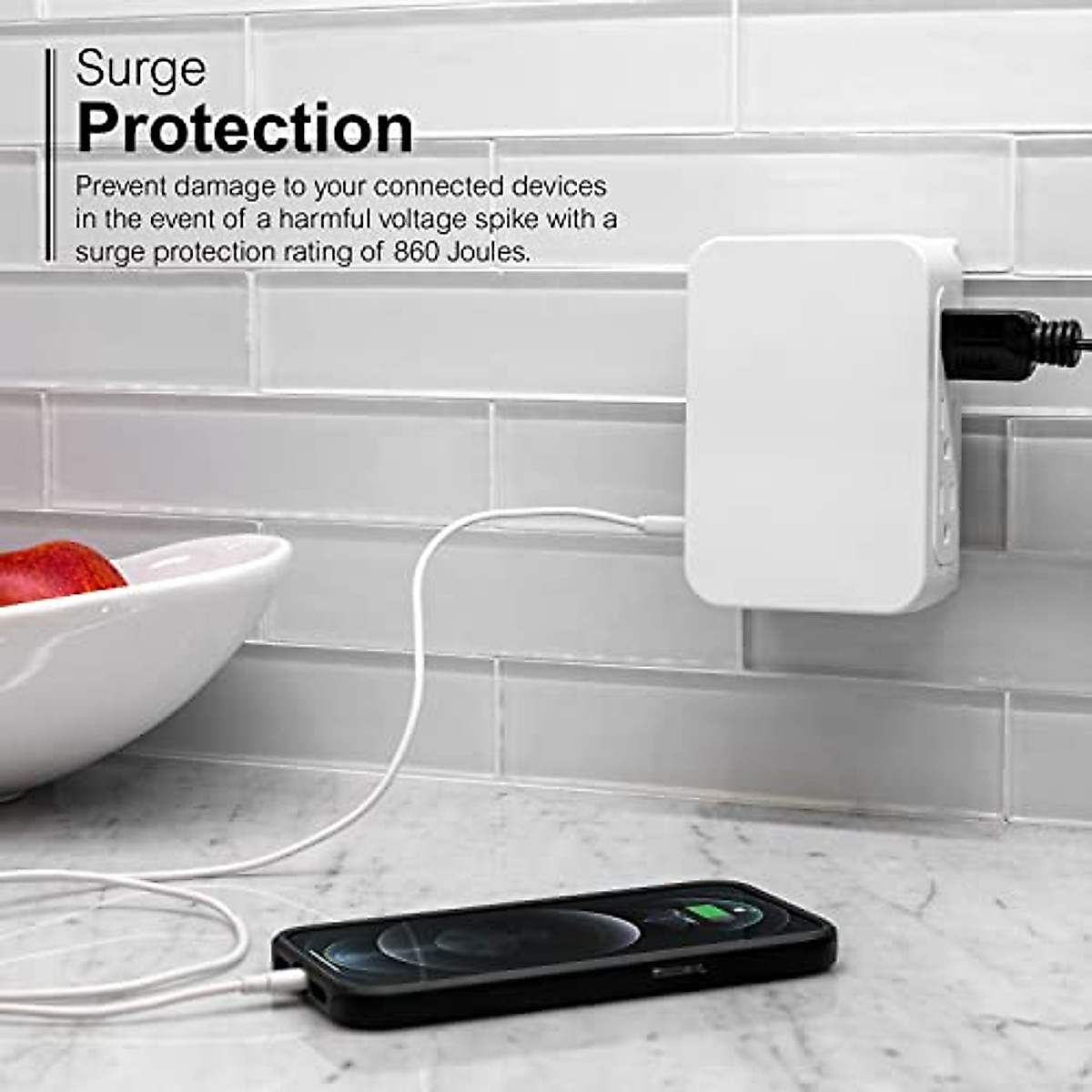 GE Pro 5-Outlet Extender with 2 USB Ports, Surge Protector, Side Access, Wall Tap Adapter, 3-Prong, 860 Joules, 2.4 AMP/12 Watt Ultra-Charge, Warranty, UL Listed, White, 39670