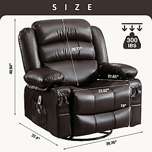 Etsaleruo Massage Swivel Rocker Recliner Chair, PU Leather Living Room Lounge Chair with Vibrating Massage and Heat, Multifunctional Lazy Sofa with Side Pockets 2 Cup Holders USB Charge Port, Brown