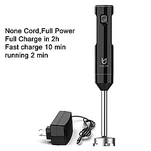 Cordless Hand Blender, UTALENT Variable Speed Immersion Blender Rechargeable, with Fast Charger, 500ml Chopper, 600ml container, Egg Whisk, for Smoothies, Baby Food and Soups – Black