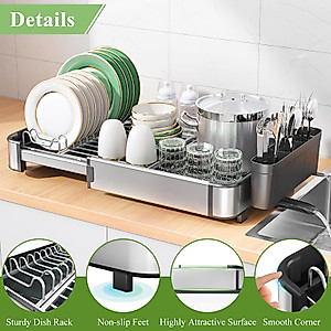 Dish Drying Rack, Kitchen Counter Dish Drainer Rack Auto-Drain, Expandable (14.8 to 22.2 inch) Rustproof Aluminium Large Sink Dish Strainer with Dish Drying Mat and Utensil Holder, Silver