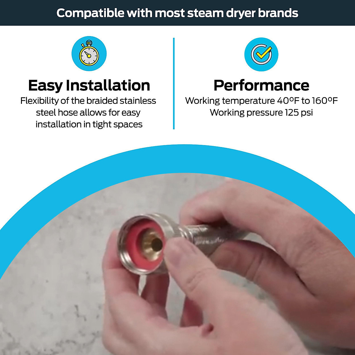 Eastman Steam Dryer Adapter Hose, 3/4 Inch FHT x 3/4 Inch FHT Connectors, 1 ft Braided Stainless Steel Hose, 41021